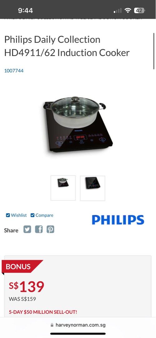 PHILIPS INDUCTION COOKER HD4911/60, TV & Home Appliances, Kitchen ...