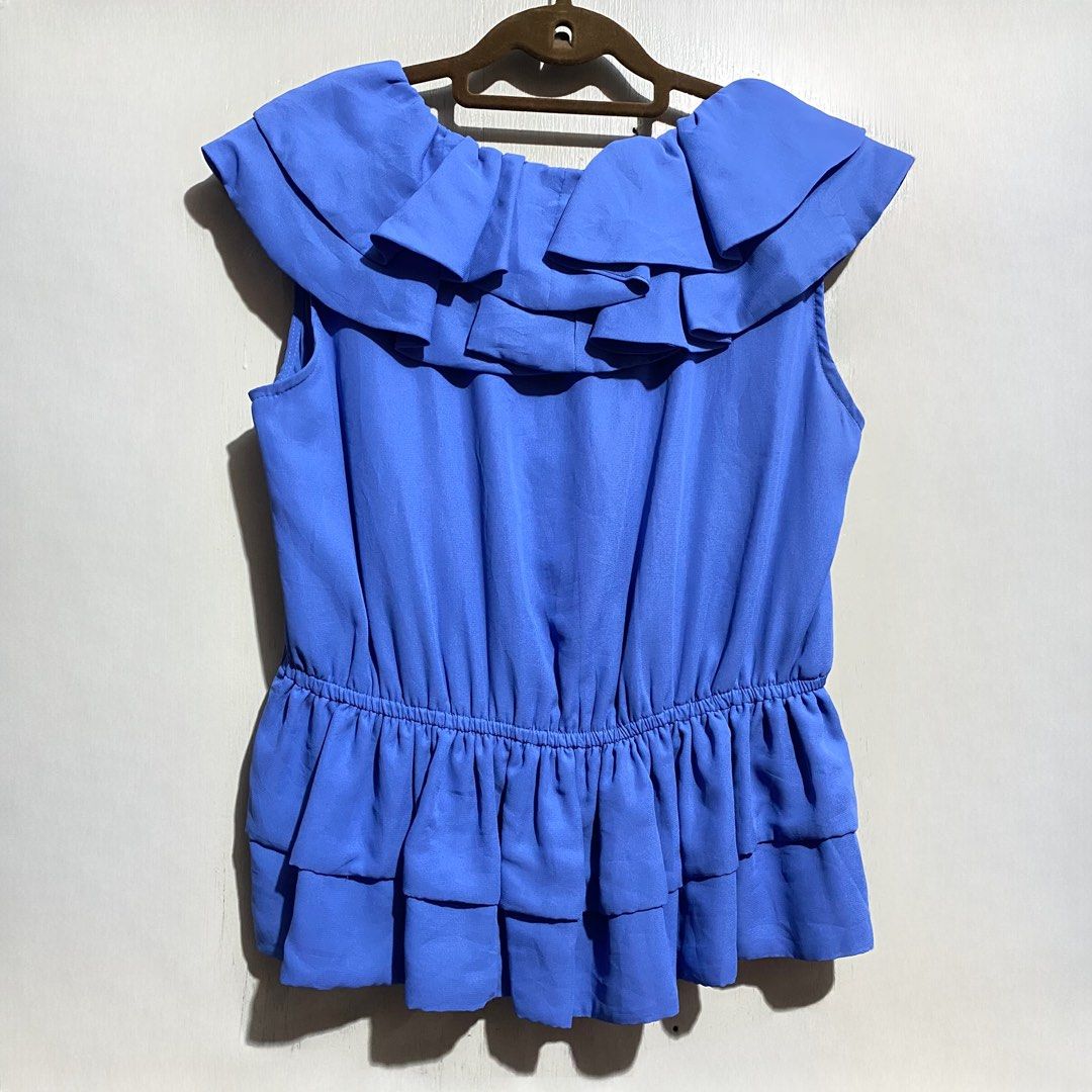 Royal Blue Ruffles Blouse, Women's Fashion, Tops, Blouses on Carousell