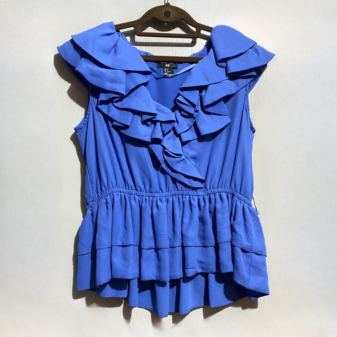 Royal Blue Ruffles Blouse, Women's Fashion, Tops, Blouses on Carousell