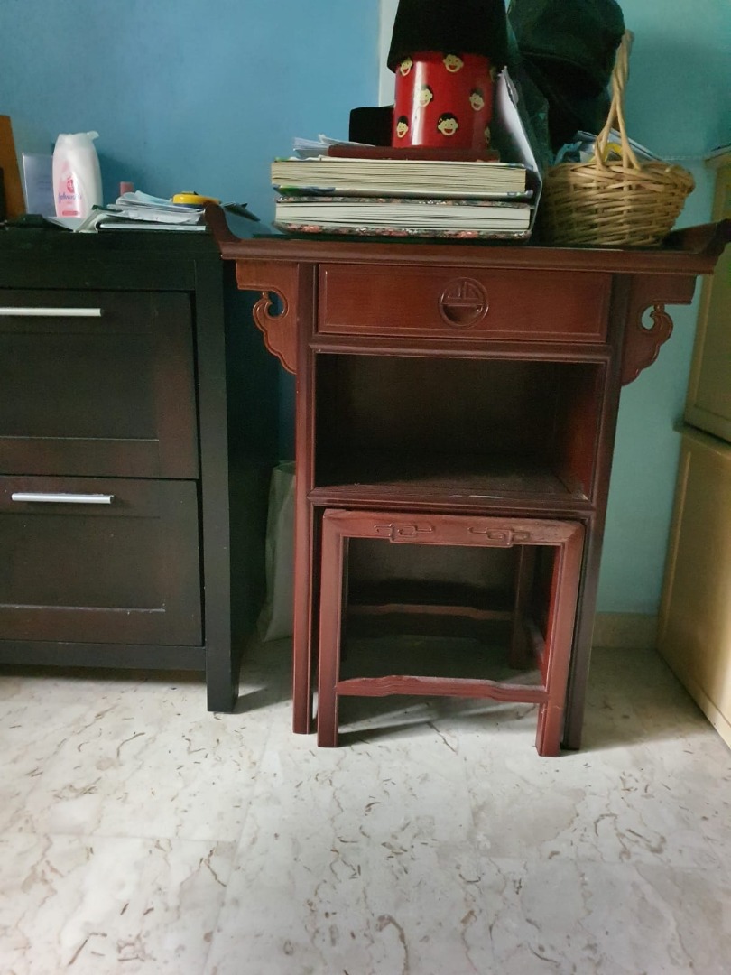 Solid wood small table with shelf & stool, Furniture & Home Living ...