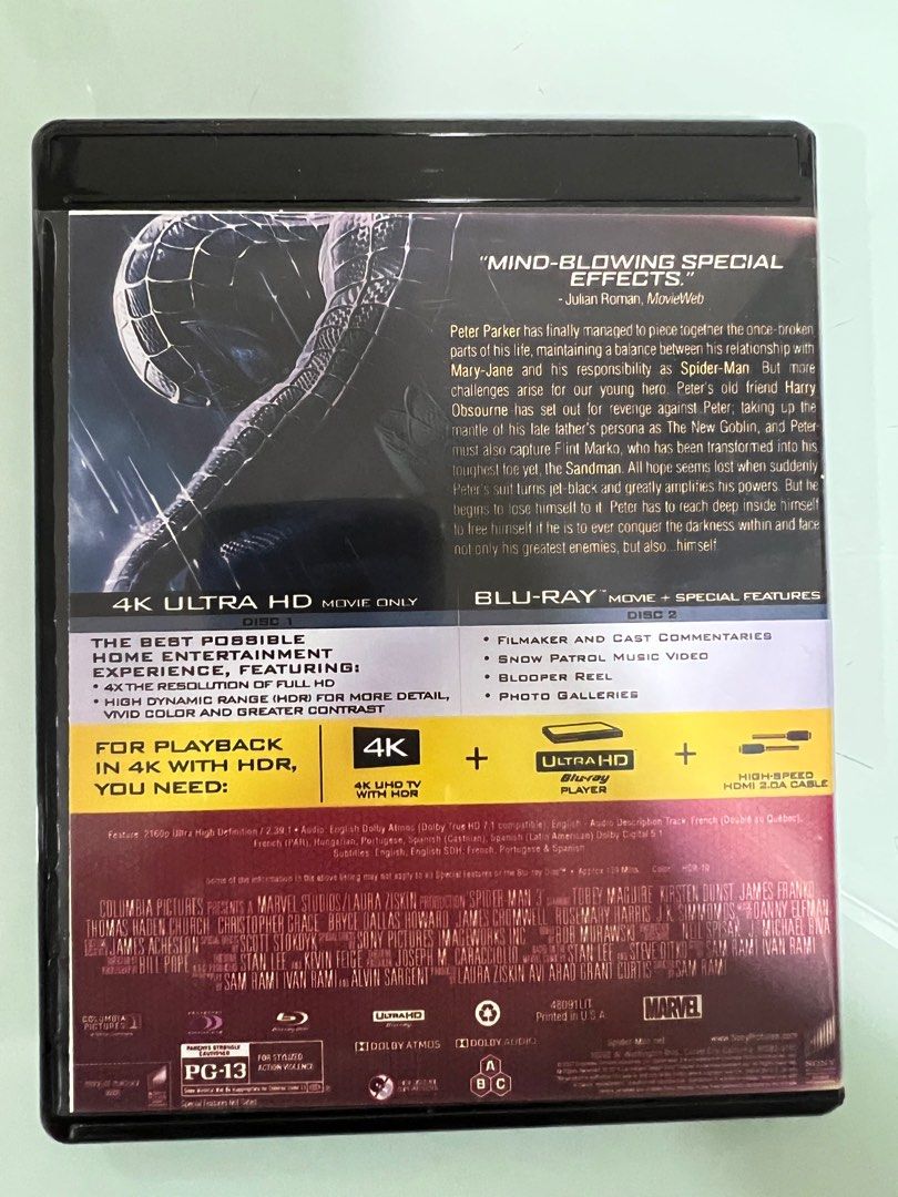 Spider-man 3 蜘蛛俠3 4K 藍光碟 Blu-ray, 興趣及遊戲, 音樂、樂器 & 配件, 音樂與媒體 - CD 及 DVD ...