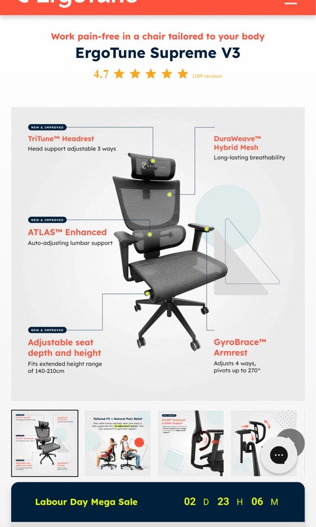 Ergotune Supreme V3 BNIB - Charcoal Black, Furniture & Home Living ...