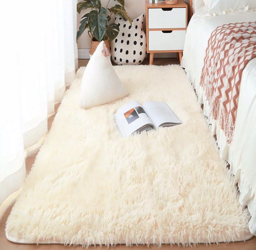Furry fluffy carpet rug cream white, Furniture & Home Living, Home ...