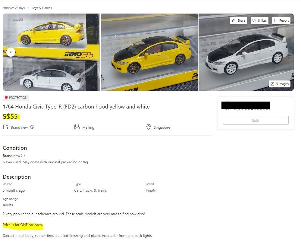 Inno64 Honda Civic Type-R FD2 White W Carbon Bonnet and Roof Top (Hong Kong Special), Hobbies ...