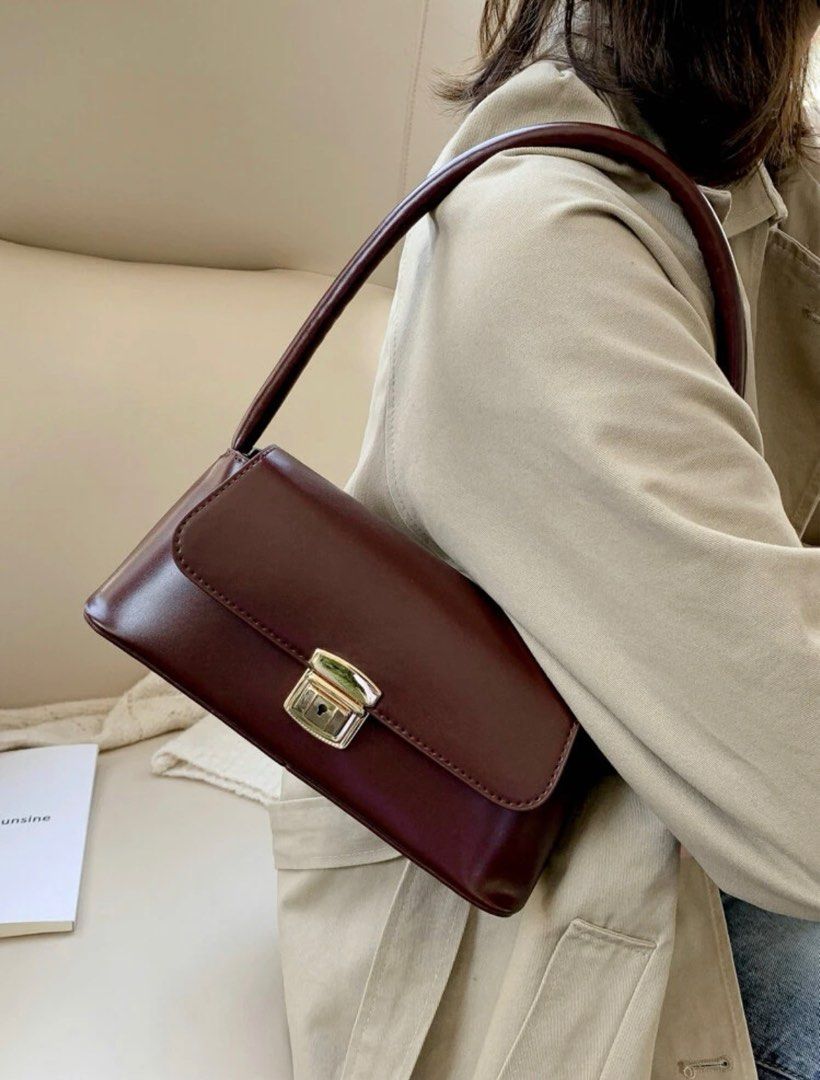 Minimalist Push Lock Flap Baguette Bag, Women's Fashion, Bags & Wallets ...