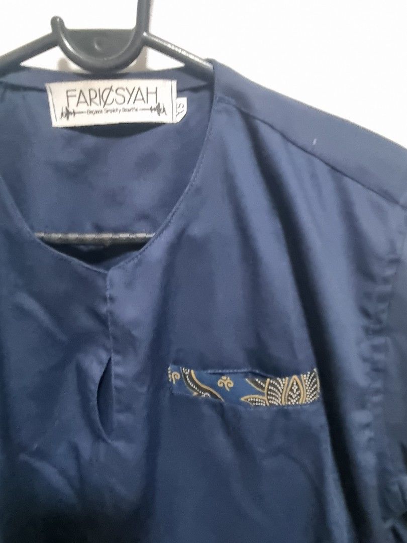 Navy Blue Batik Set, Men's Fashion, Muslim Wear, Baju Melayu on Carousell