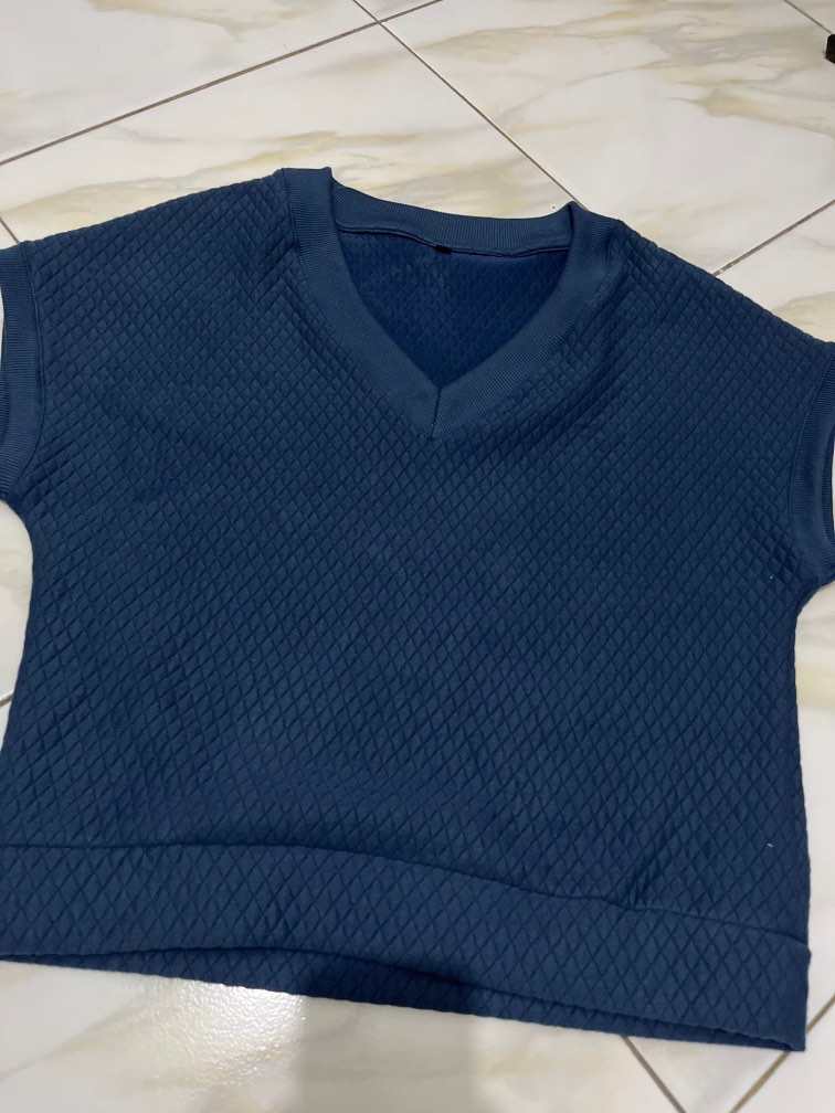 Navy emboss top, Fesyen Wanita, Pakaian Wanita, Atasan di Carousell