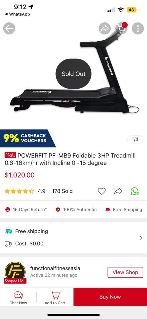 Powerfit PF-MB9 Foldable Treadmill 3HP, Sports Equipment, Exercise ...
