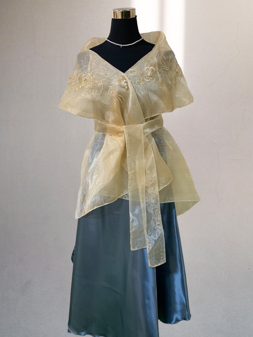 Premium Spanish Alampay Waist Coat Wrap Around & Dusty Blue Satin Silk ...