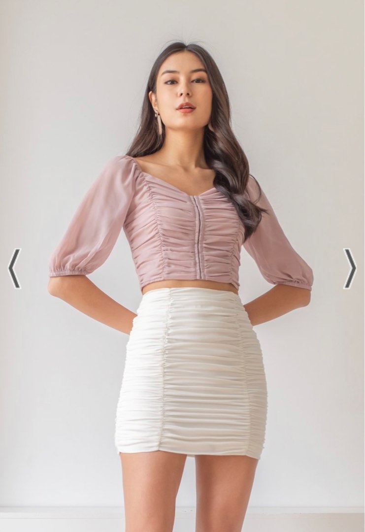 ZENOVIA 2-WAY RUCHED TOP #MADEBYLOVET (DUSTY ROSE), Women's Fashion, Tops, Blouses on Carousell
