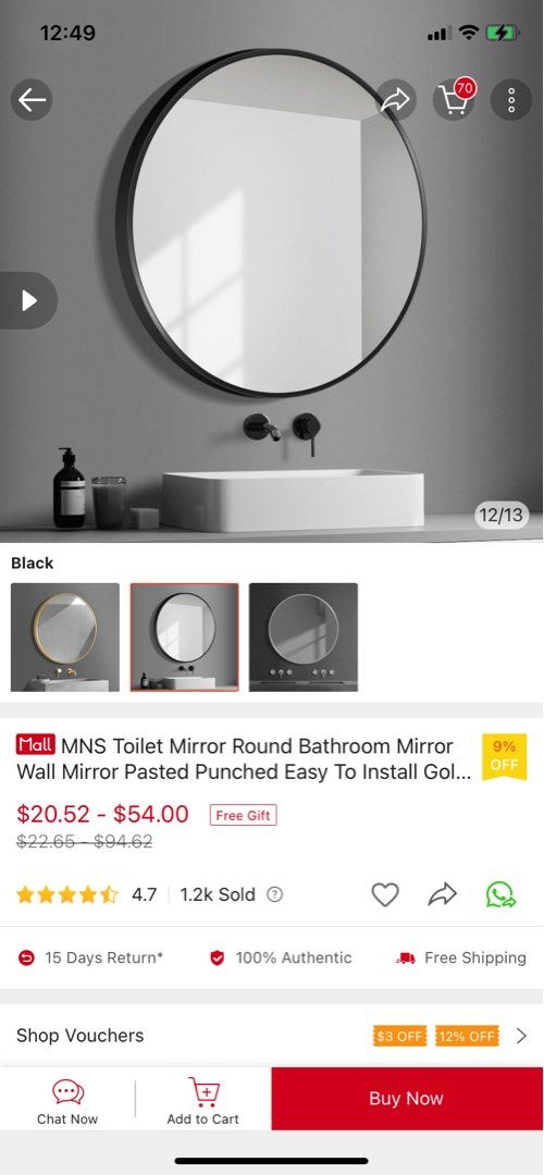 60cm diameter mirror with black frame from MNS, Furniture & Home Living ...