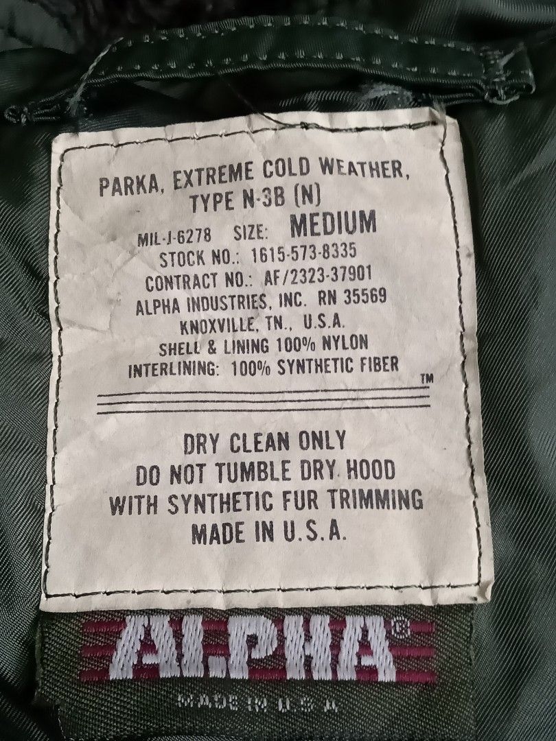ALPHA INDUSTRIES PARKA N-3B EXTREME COLD WEATHER TYPE N3B VINTAGE ...