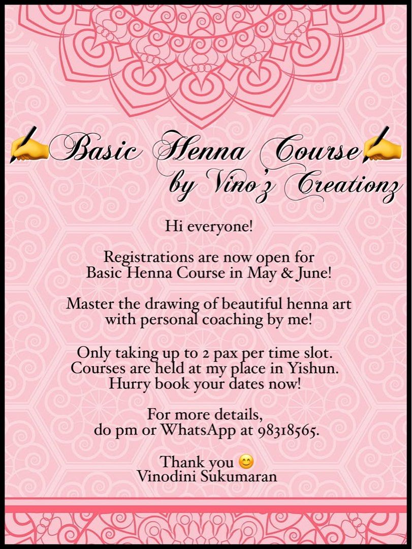 BASIC HENNA COURSE, Learning & Enrichment, Workshops on Carousell