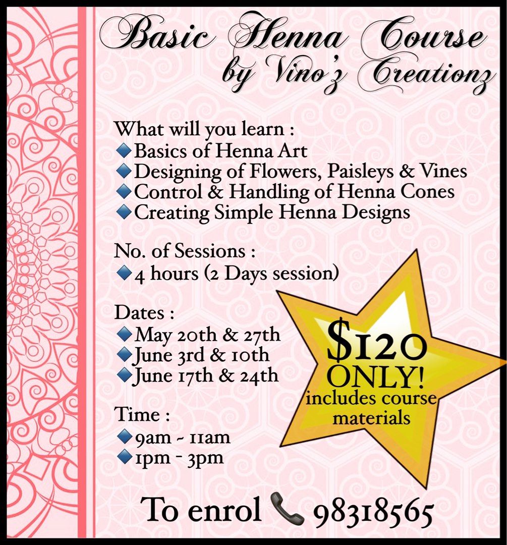 BASIC HENNA COURSE, Learning & Enrichment, Workshops on Carousell
