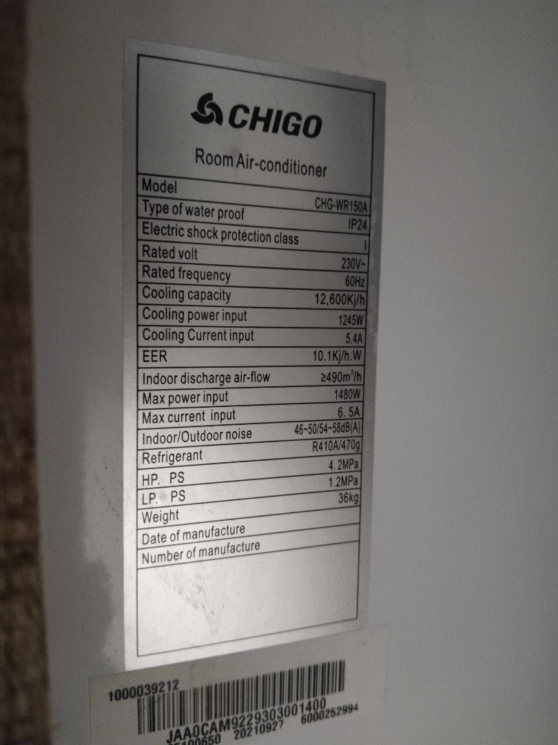Chigo aircondition 1,5 hp window type, TV & Home Appliances, Air ...