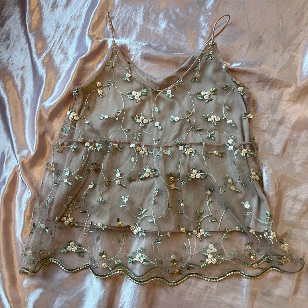 Dainty Sheer Floral Embroidered Top on Carousell