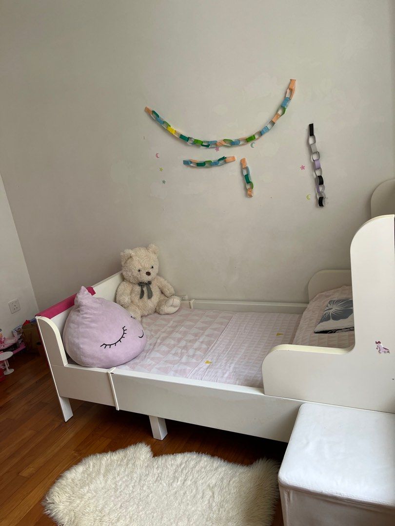 IKEA busunge extended bed (white bed frame + mattress), Furniture ...