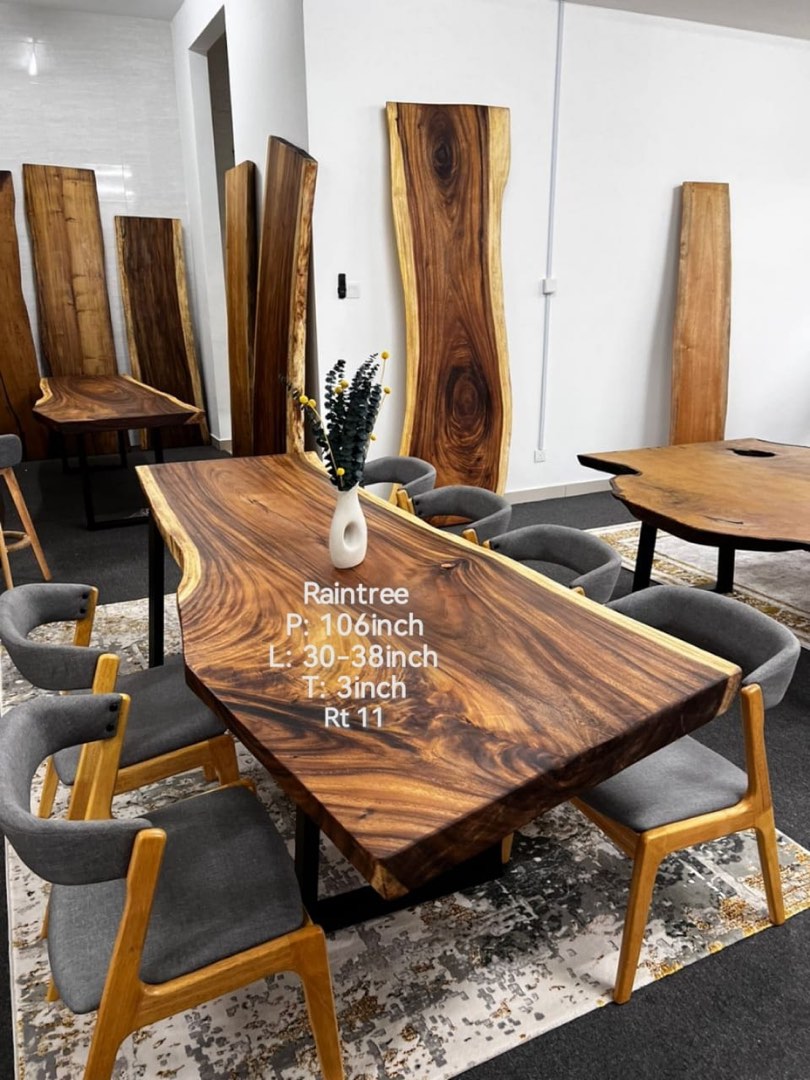 Meja makan raintree slab wood, Furniture & Home Living, Furniture ...