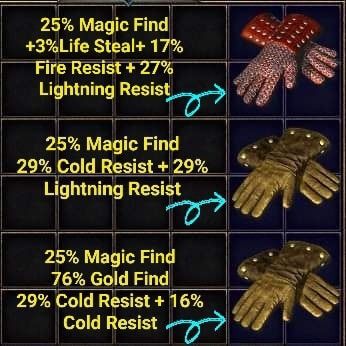 (Non-ladder) Good 25%(max mf) Double Resist gloves at $4 each. D2R ...