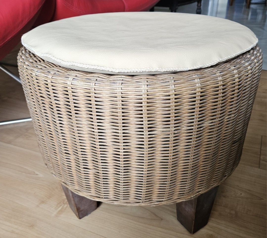 Rattan Round Stools with new Leather Seat Cushion, Furniture & Home ...