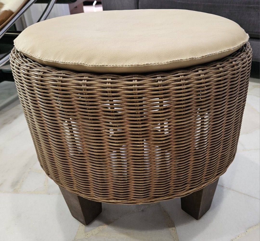 Rattan Round Stools with new Leather Seat Cushion, Furniture & Home ...