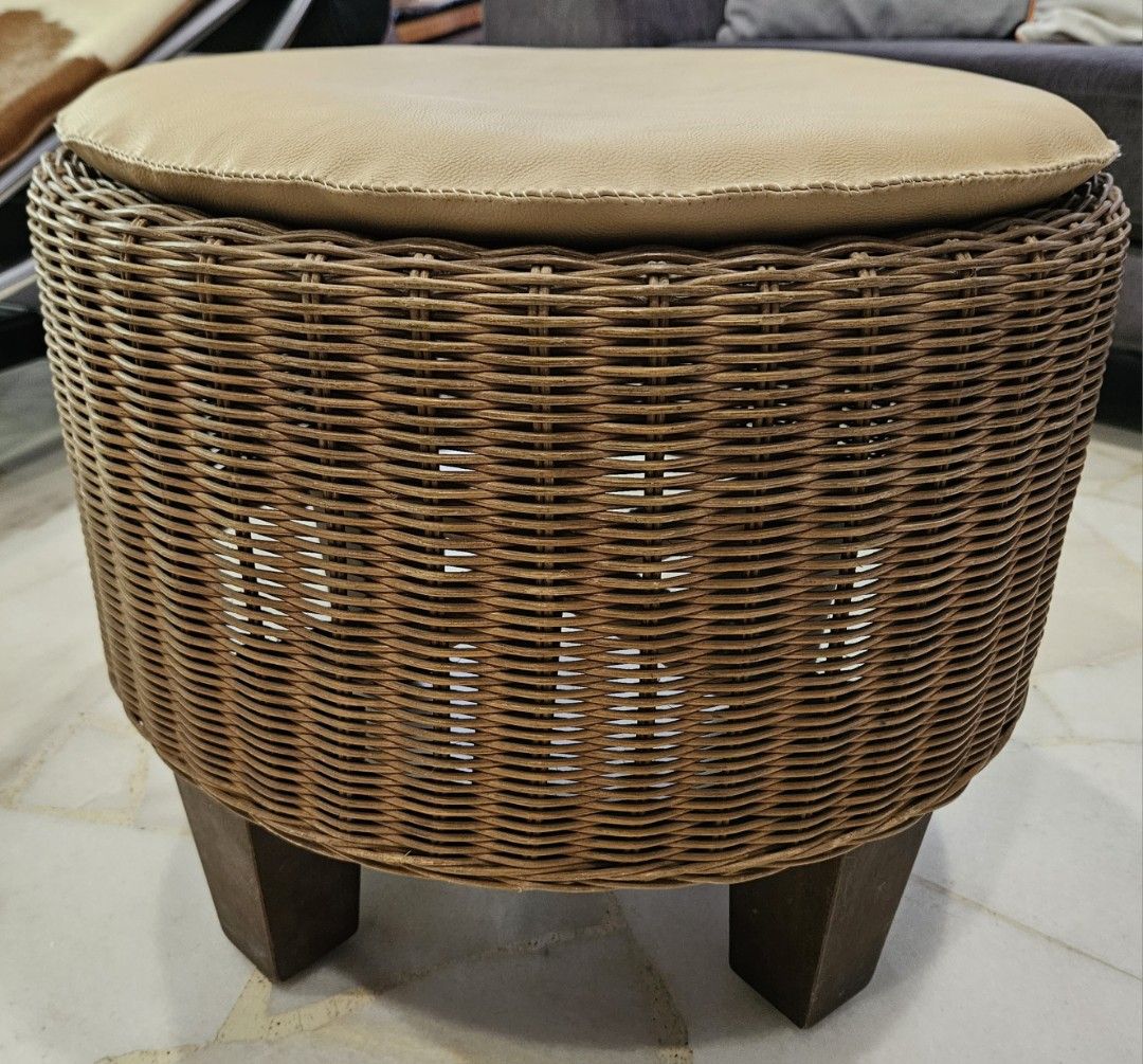 Rattan Round Stools with new Leather Seat Cushion, Furniture & Home ...