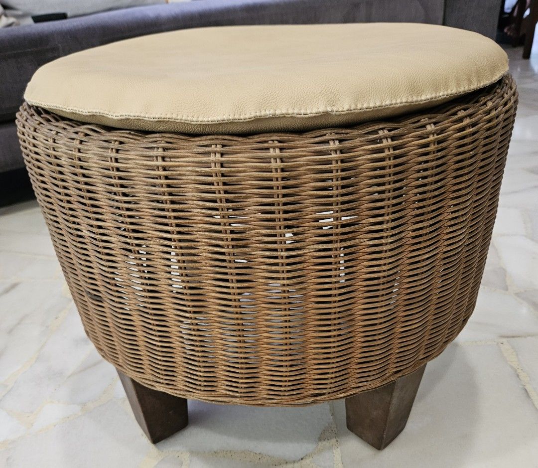 Rattan Round Stools with new Leather Seat Cushion, Furniture & Home ...