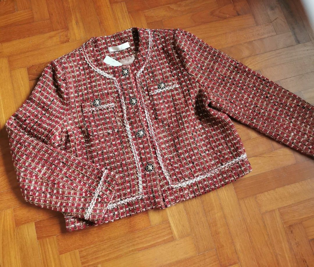 Red tweed jacket size L, Women's Fashion, Coats, Jackets and Outerwear ...