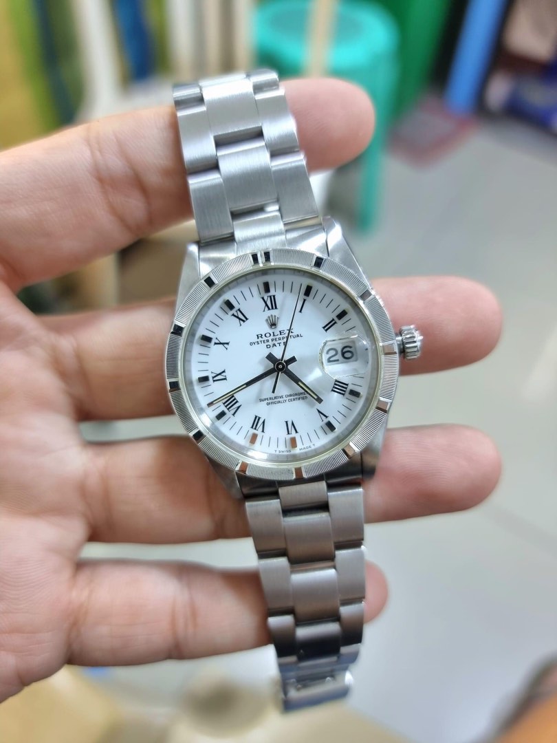 Rolex Oyster Perpetual Date Engine Turned Bezel 34mm Porcelain Roman ...
