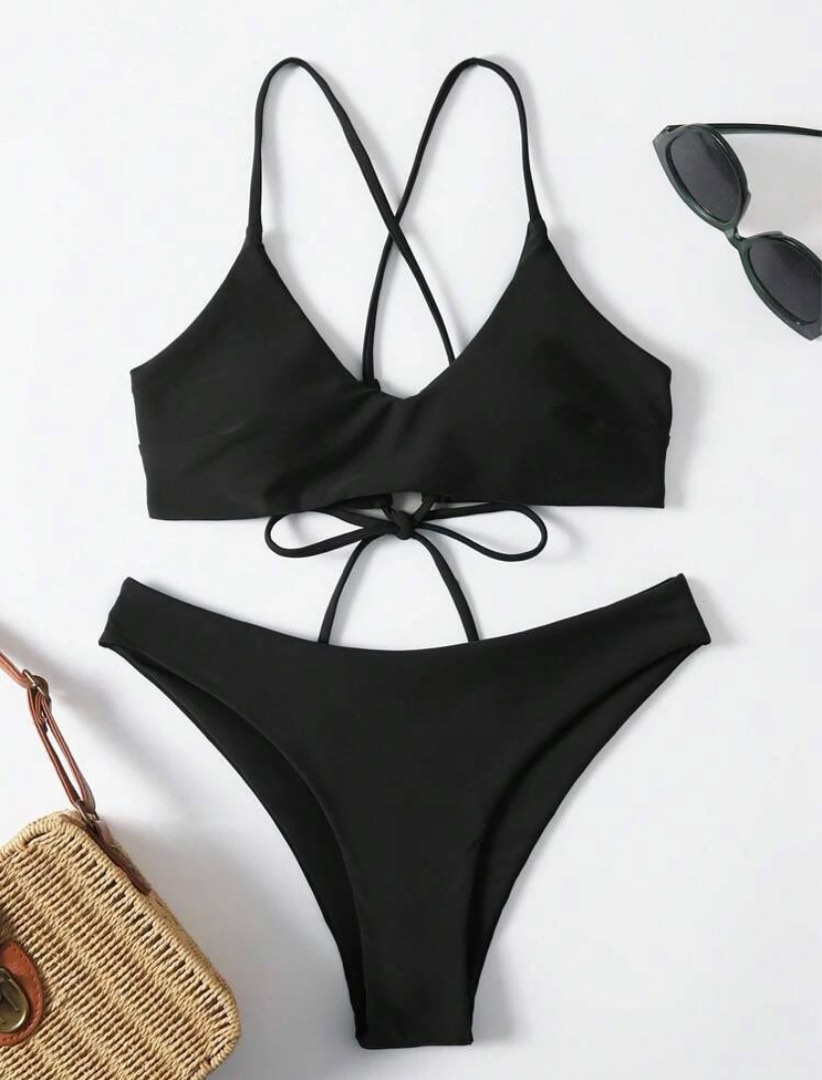 Ruched Tie Back Basic Black Bikini Swimwear, Women's Fashion, Swimwear ...