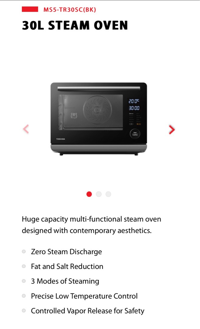 Toshiba MS5-TR30SC(BK) 30L STEAM OVEN, TV & Home Appliances, Kitchen ...
