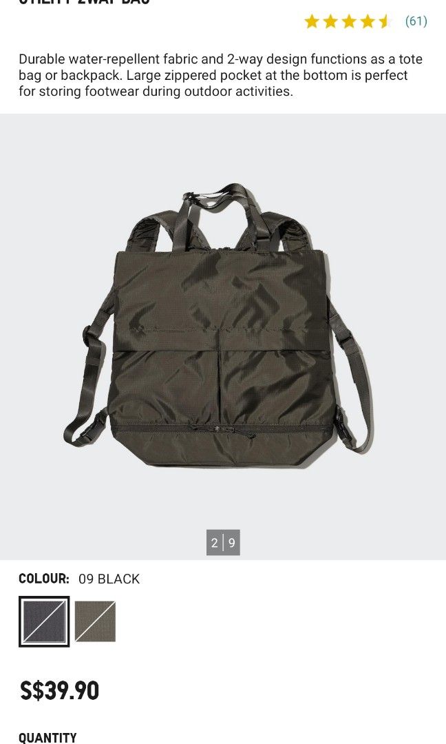 Uniqlo tote utility 2 way bag (black), Men's Fashion, Bags, Backpacks ...