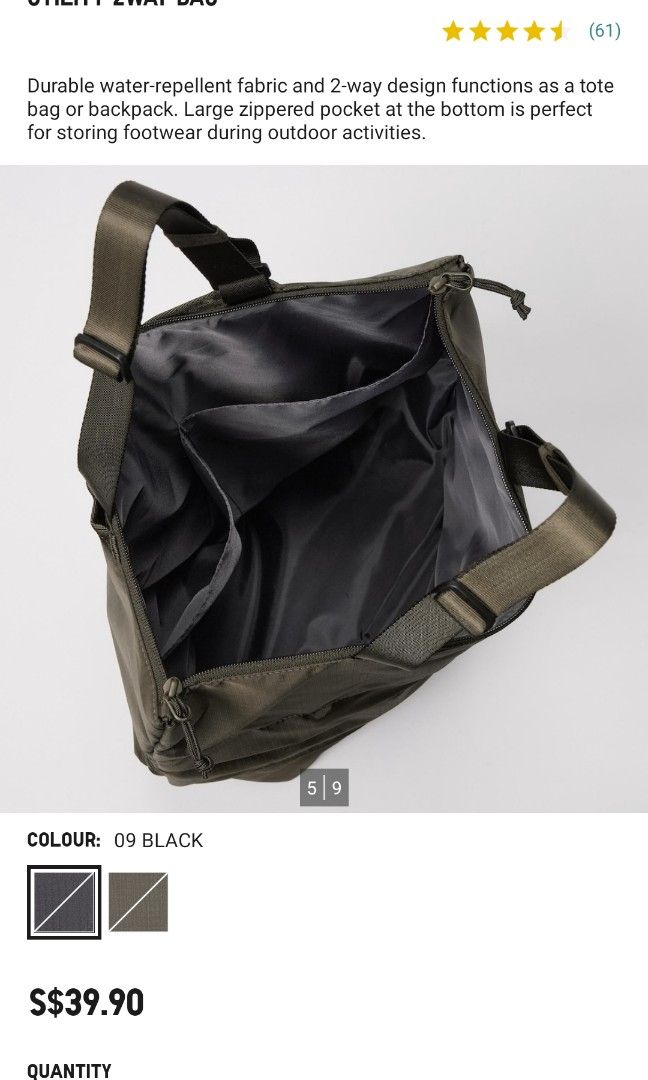 Uniqlo tote utility 2 way bag (black), Men's Fashion, Bags, Backpacks ...