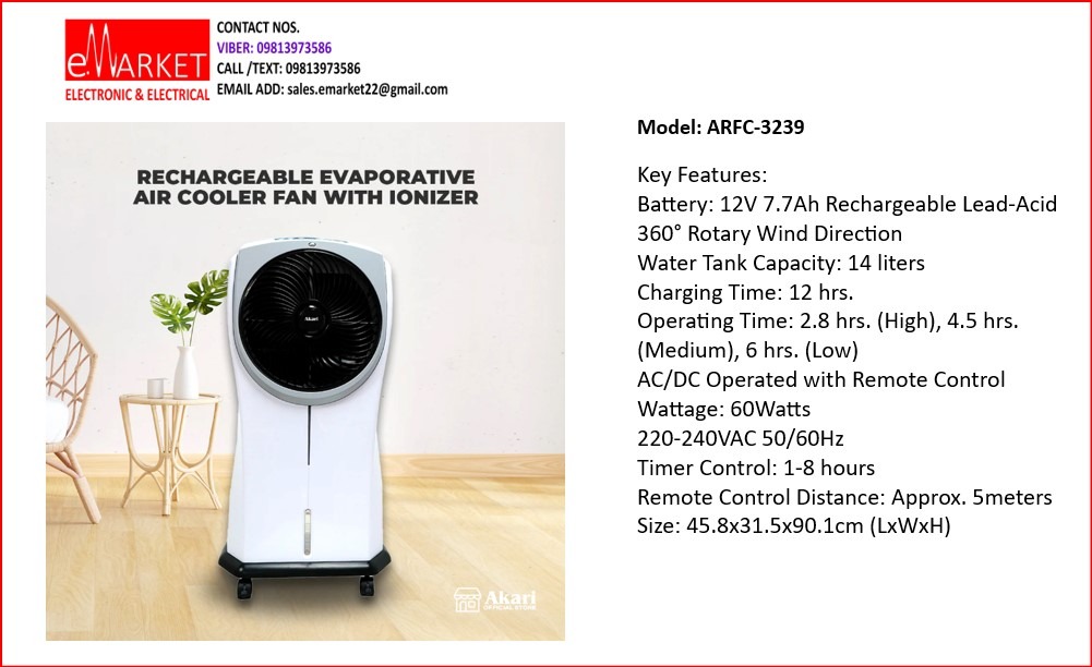ARFC-3239 RECHARGEABLE EVAPORATIVE AIR COOLER FAN, TV & Home Appliances ...