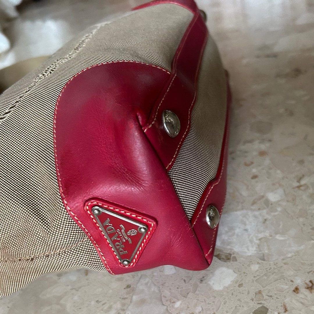 Authentic PRADA Jacquard Logo Canvas and Red Leather Tote / laptop ...