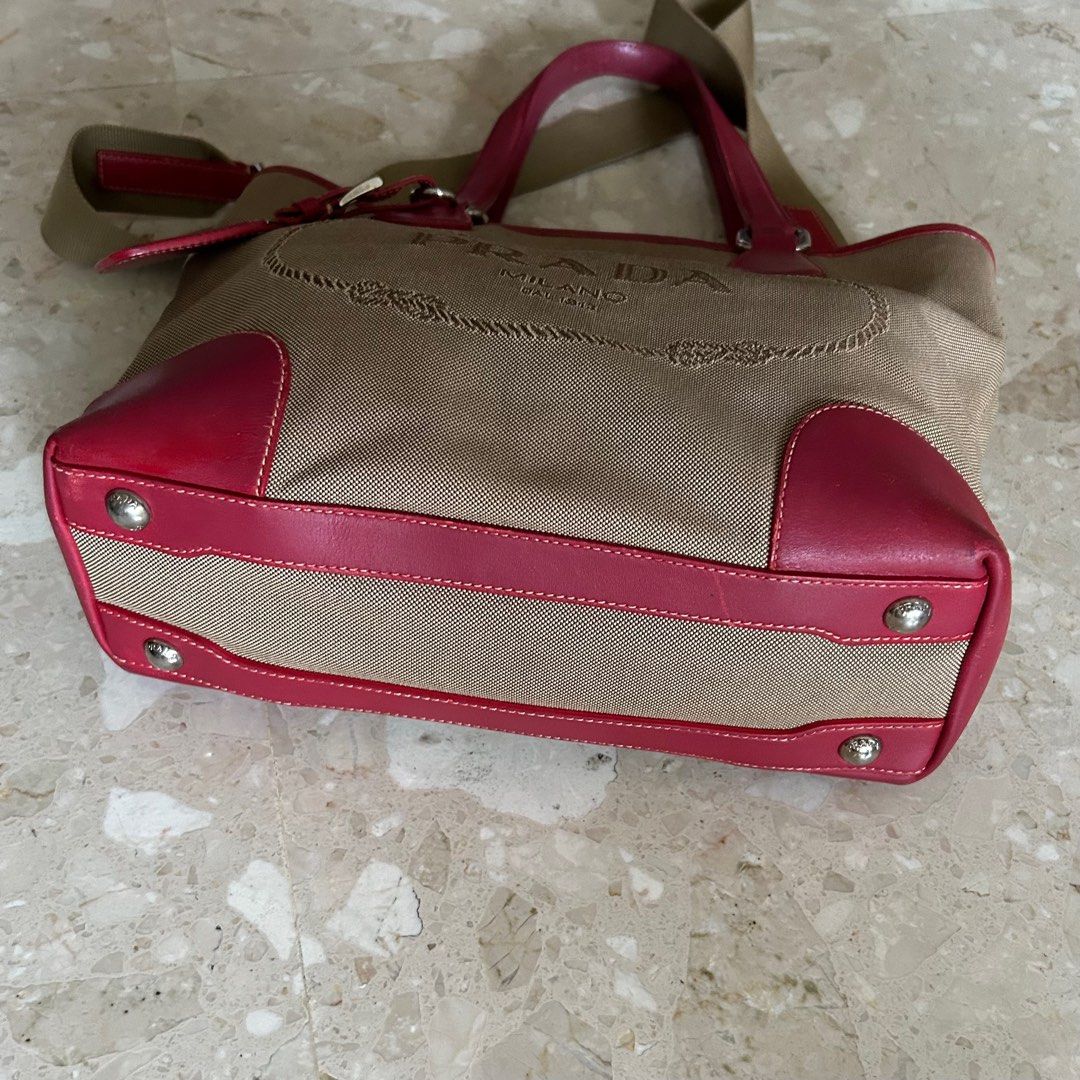 Authentic PRADA Jacquard Logo Canvas and Red Leather Tote / laptop ...
