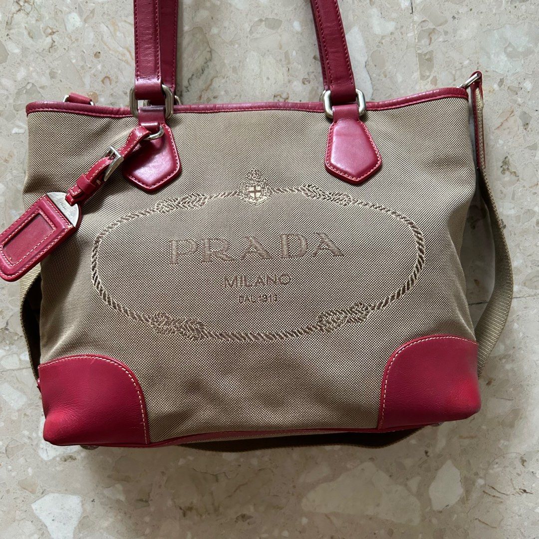 Authentic PRADA Jacquard Logo Canvas and Red Leather Tote / laptop ...