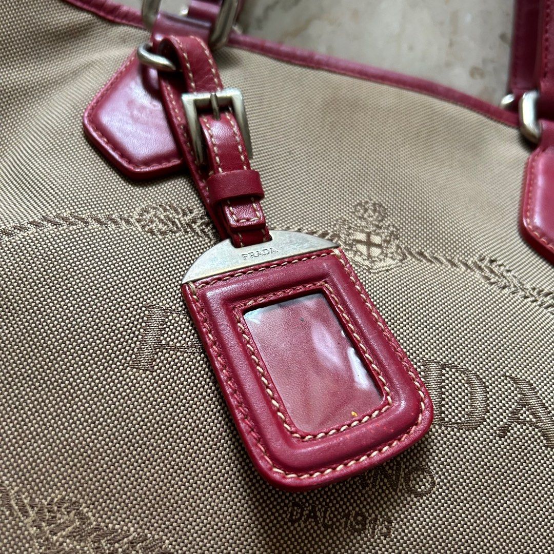Authentic PRADA Jacquard Logo Canvas and Red Leather Tote / laptop ...