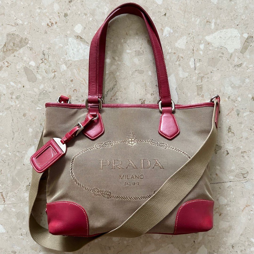 Authentic PRADA Jacquard Logo Canvas and Red Leather Tote / laptop ...