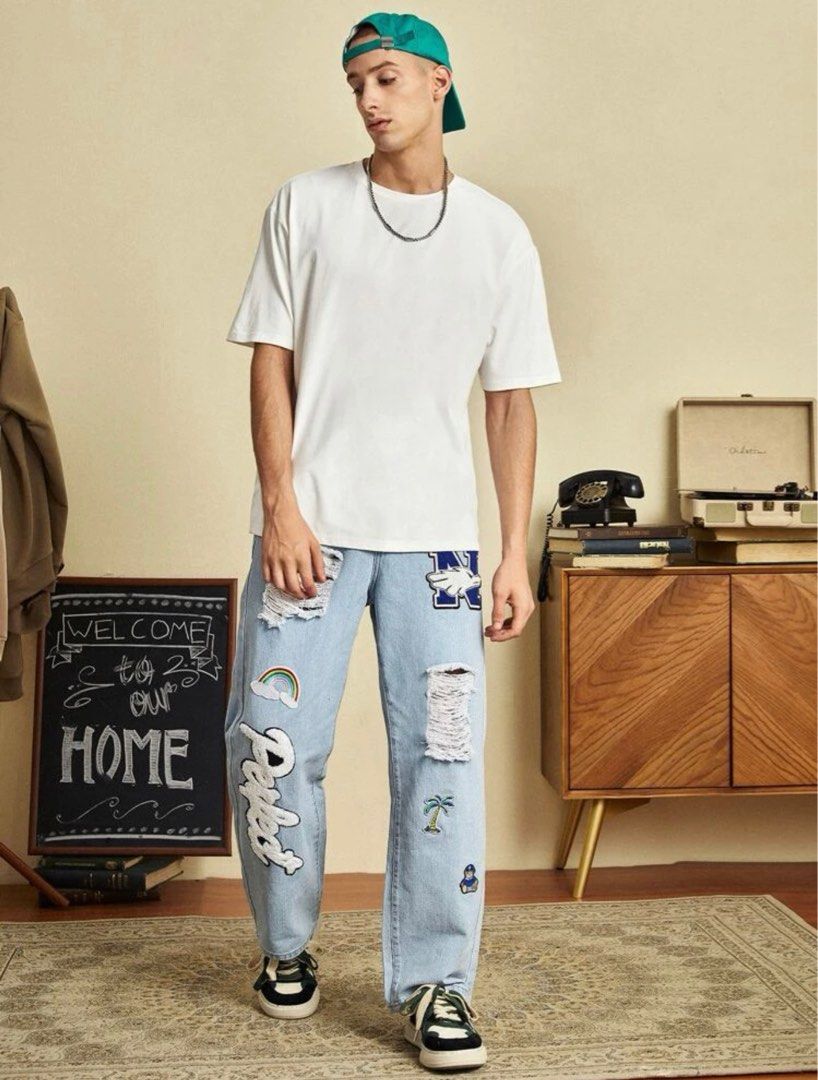 Baggy patched detail ripped jeans, Men's Fashion, Bottoms, Jeans on ...