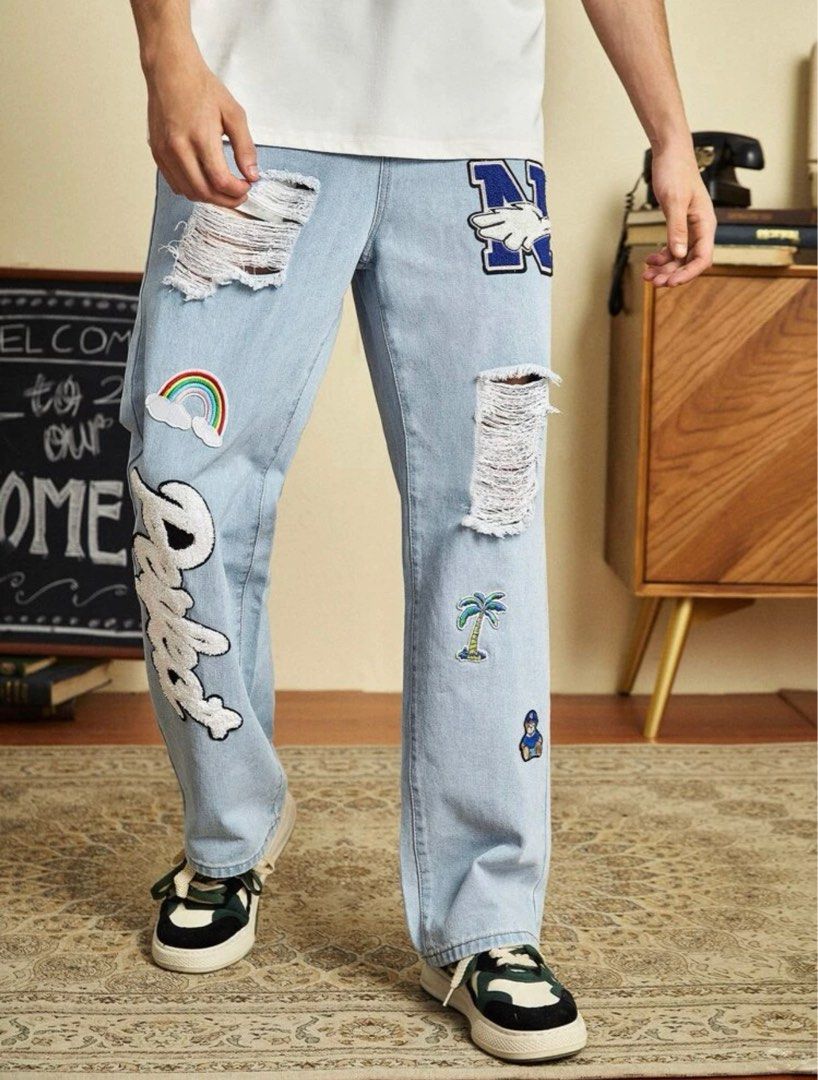 Baggy patched detail ripped jeans, Men's Fashion, Bottoms, Jeans on ...