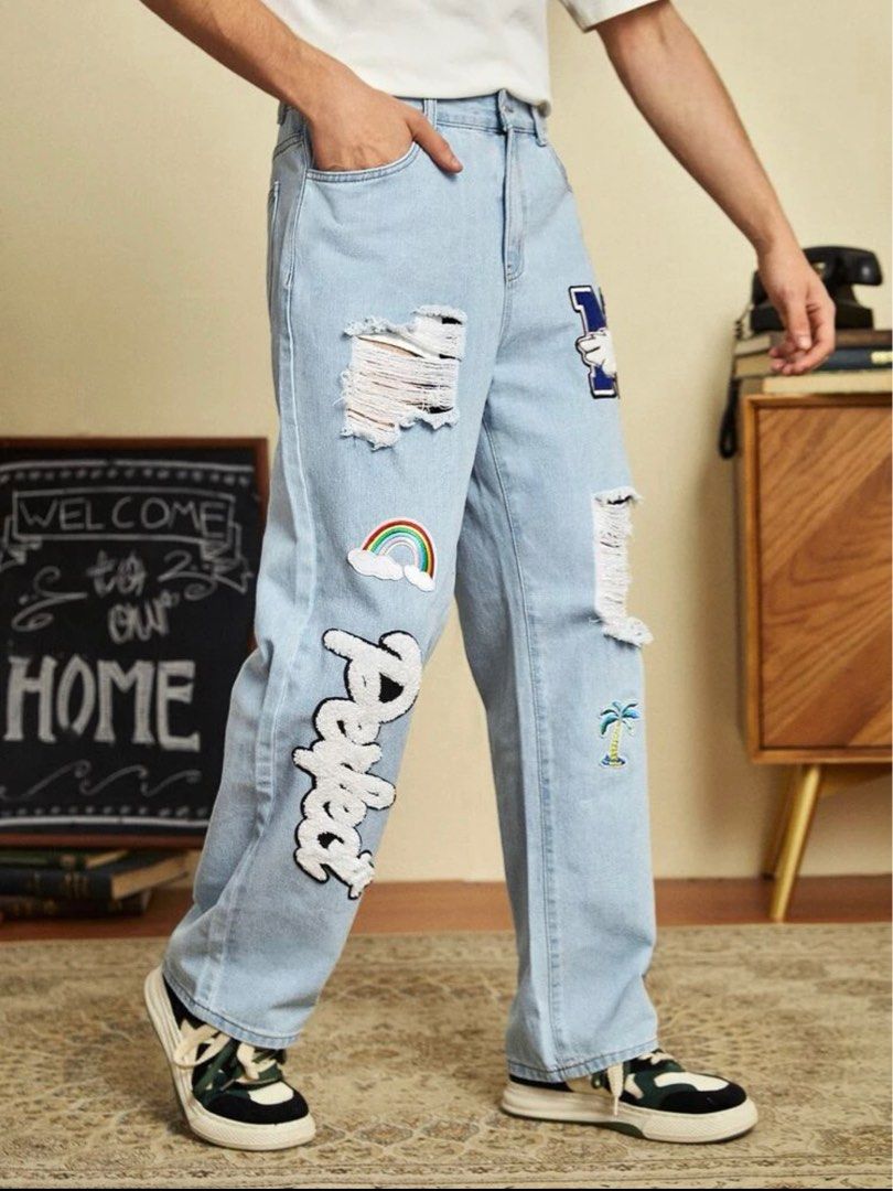 Baggy patched detail ripped jeans, Men's Fashion, Bottoms, Jeans on ...