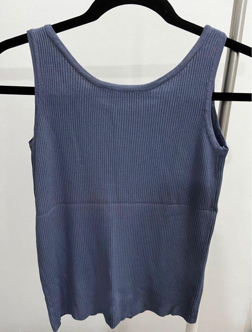 Blue Ribbed Tank, Fesyen Wanita, Pakaian Wanita, Atasan di Carousell