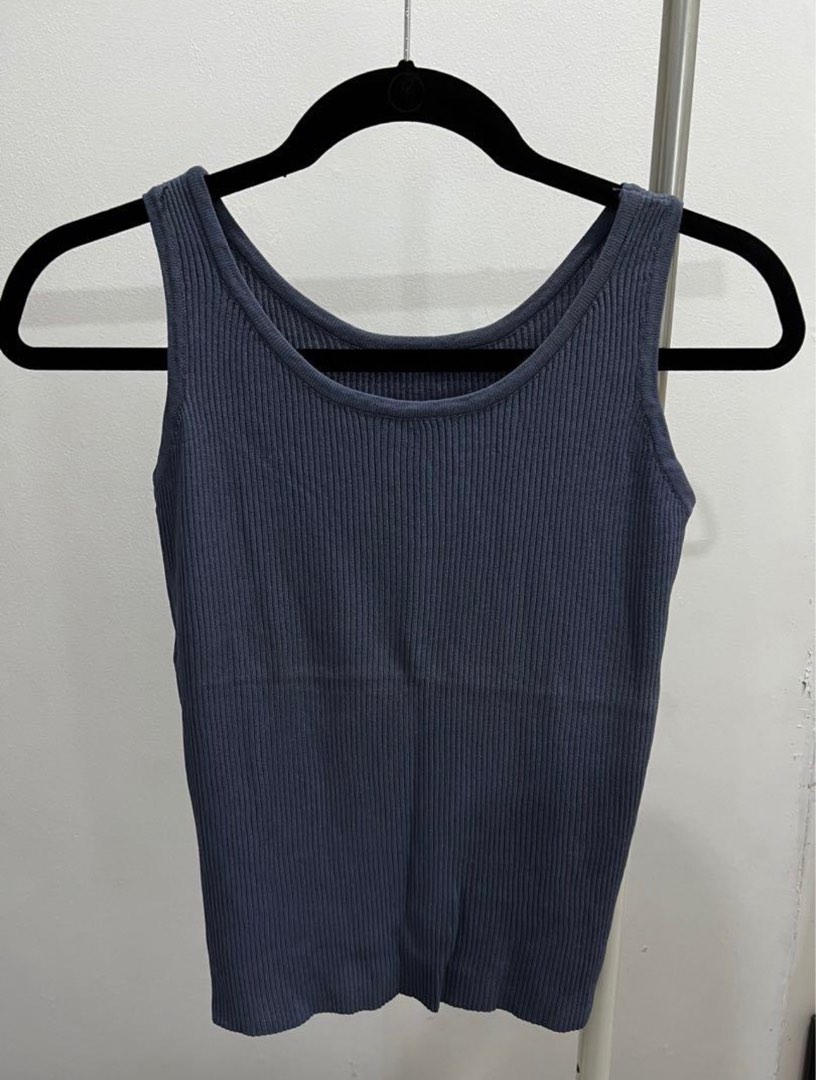 Blue Ribbed Tank, Fesyen Wanita, Pakaian Wanita, Atasan di Carousell