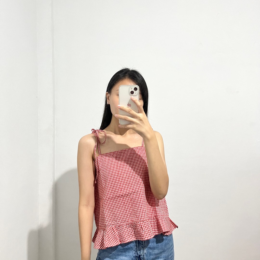 Cottonink Red Checkered Top, Fesyen Wanita, Pakaian Wanita, Atasan di ...