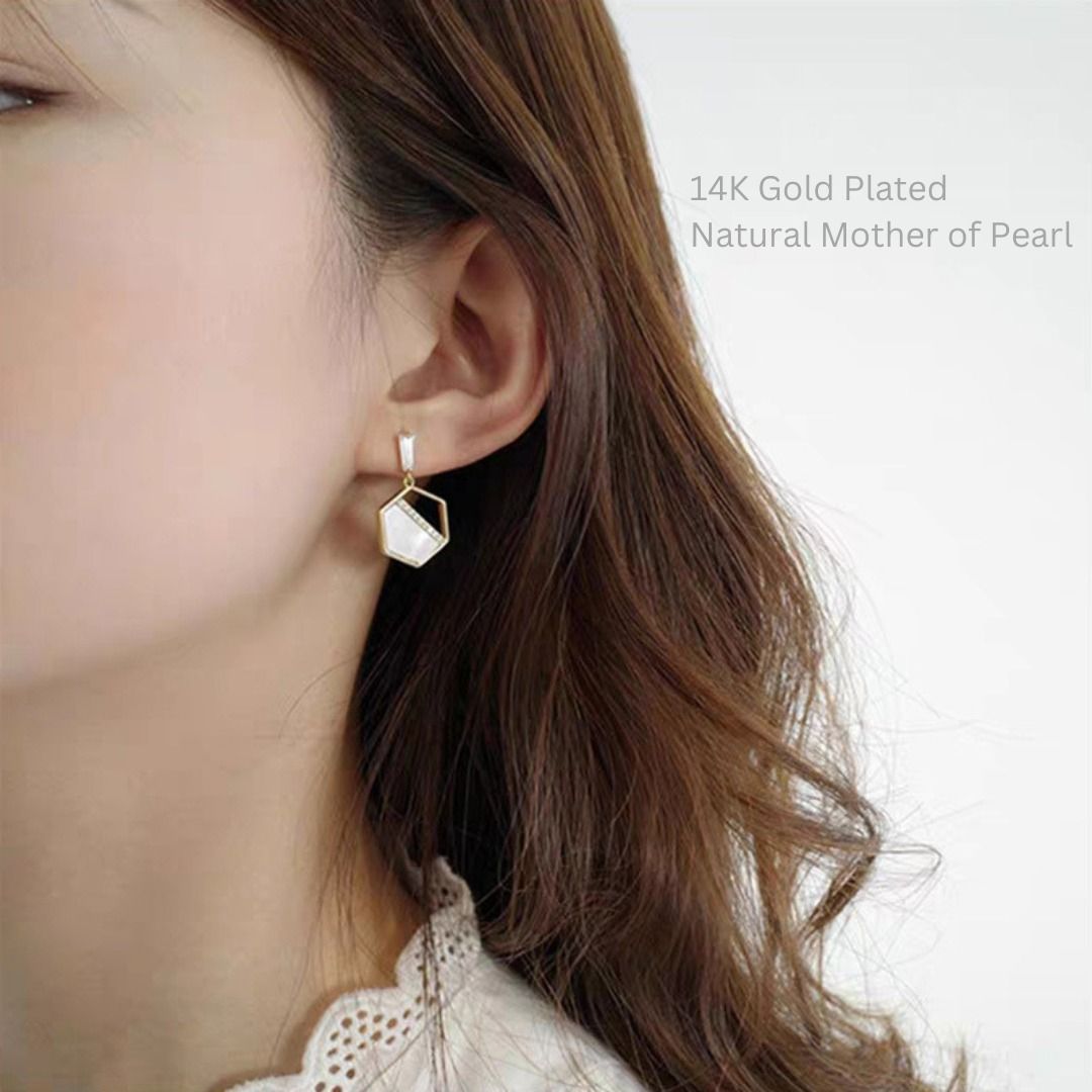 Korean Style Premium Elegant Modern Earrings S925 14K Gold Plated Mother of Pearl, Women's ...