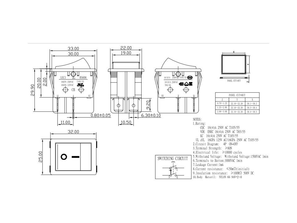 LECI RS606 2 position 4pin Rocker Switch 16(A)250V T105/55 Red with ...