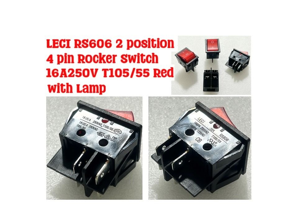 LECI RS606 2 position 4pin Rocker Switch 16(A)250V T105/55 Red with ...