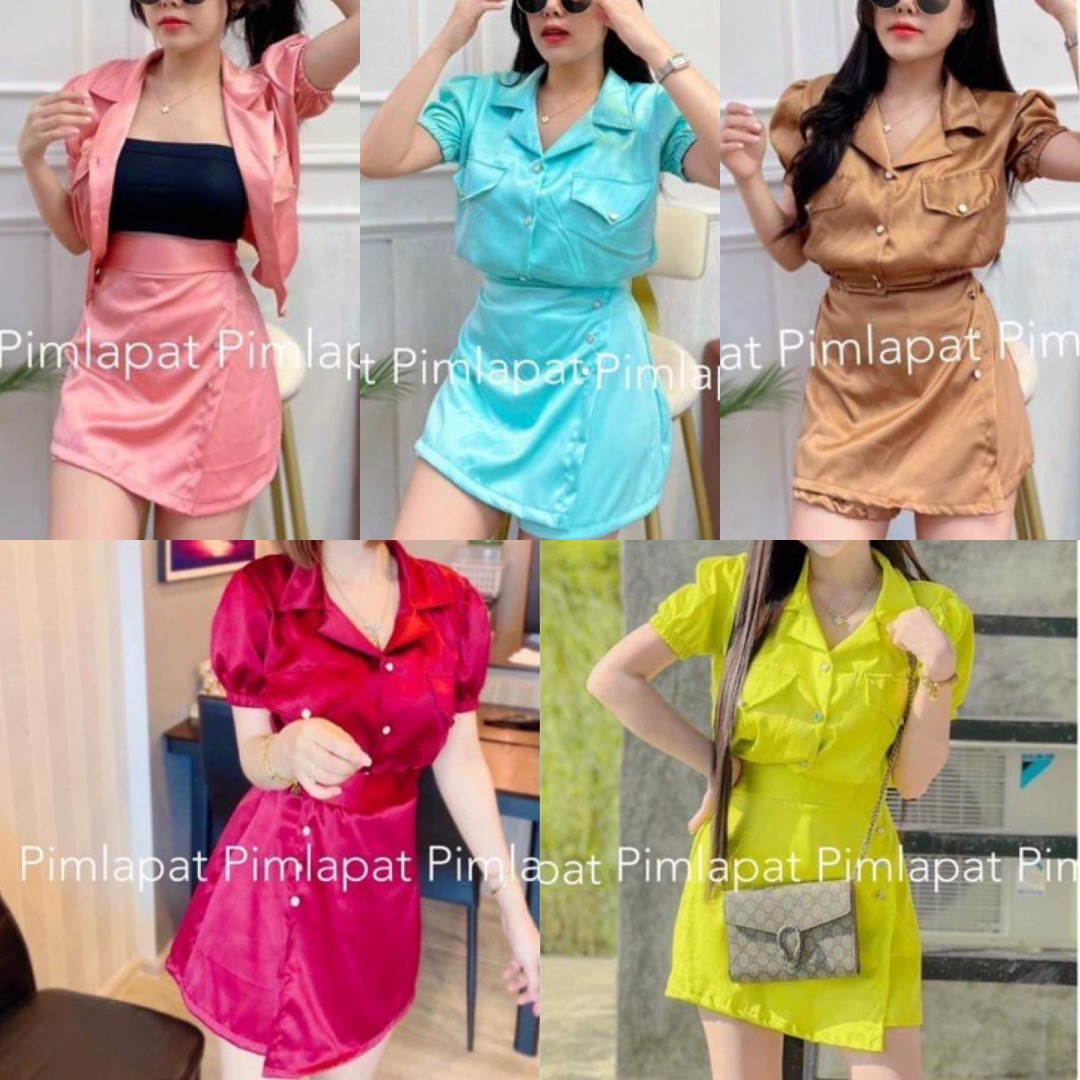 PREMIUM BKK silk satin elegant classy puff sleeves crop top skort set ...