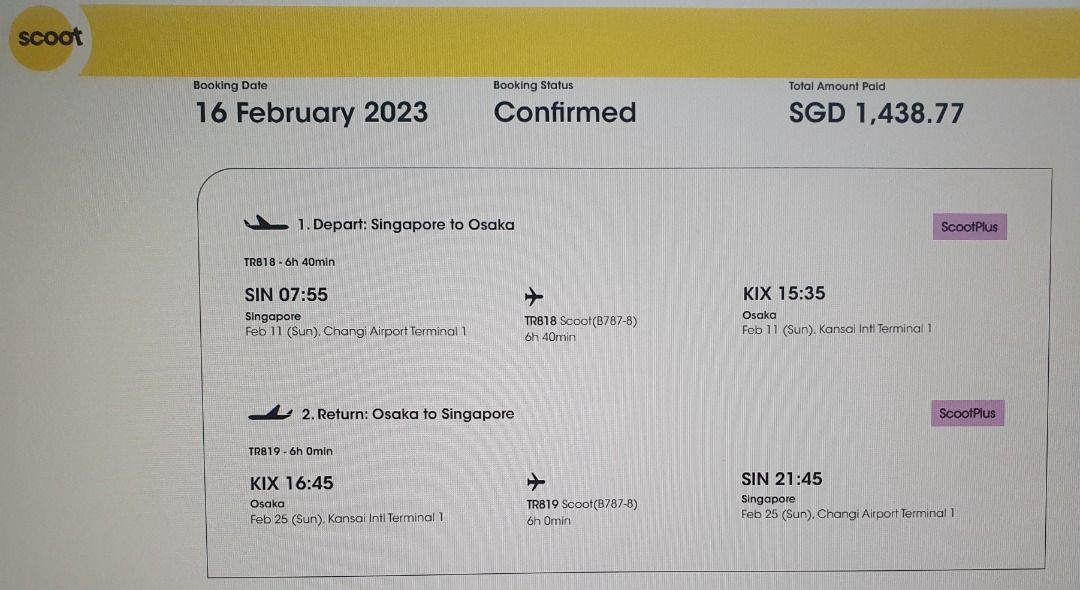 ScootPlus ticket Singapore to Osaka and return to Singapore, Tickets ...